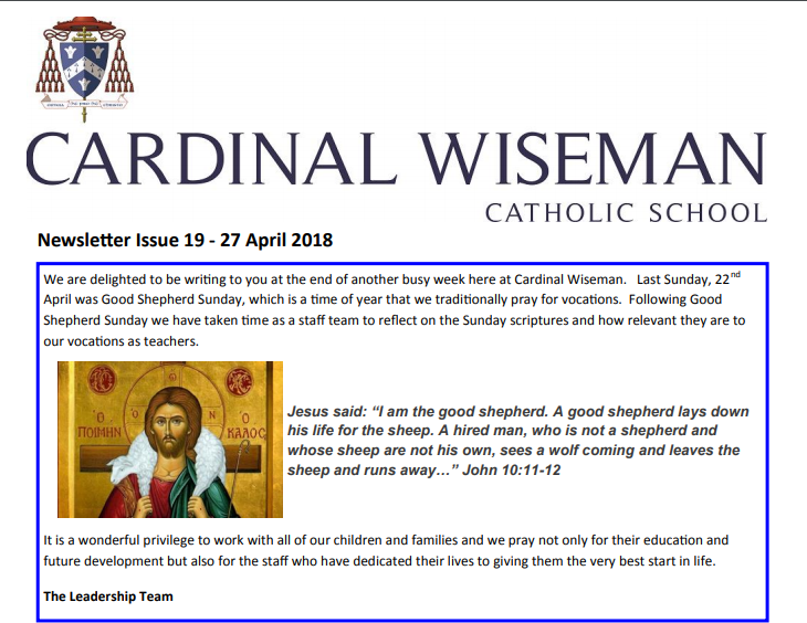 Cardinal Wiseman Newsletter Issue 19 – 27 April 2018