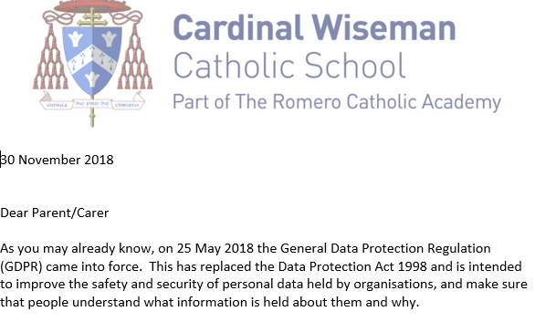 GDPR Data Protection Letter – 30 November 2018