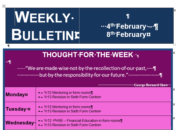 Sixth Form Bulletin 4 February 2019