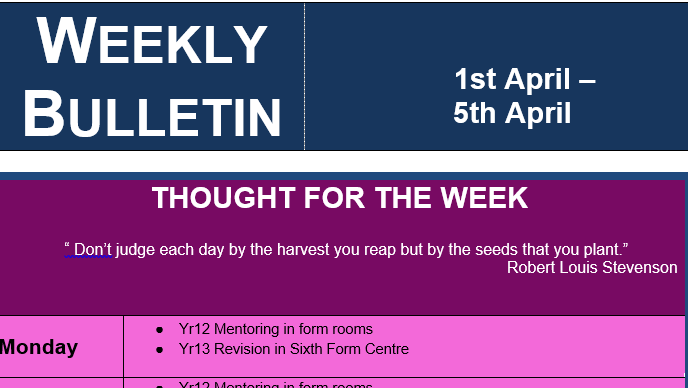 Sixth Form Bulletin – 1 April 2019