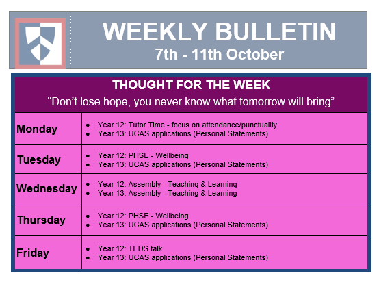 Sixth Form Bulletin – 7 October 2019