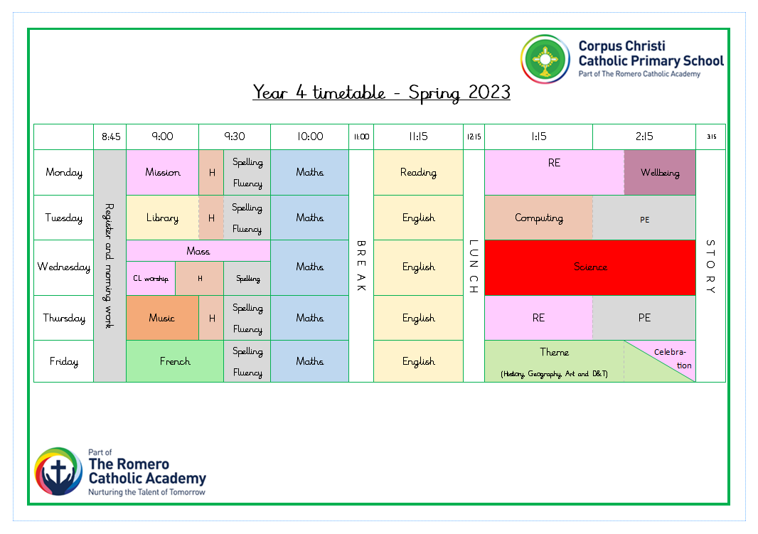Year 4 spring timetable